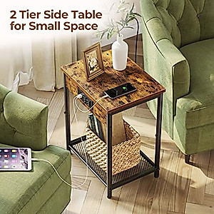 Rolanstar End Table Set of 2 with Charging Station, Small Side Table with USB Ports & Storage Shelf for Small Space, Living Room, Nightstand Bedside, 2-Tier Sofa Table for Bedroom