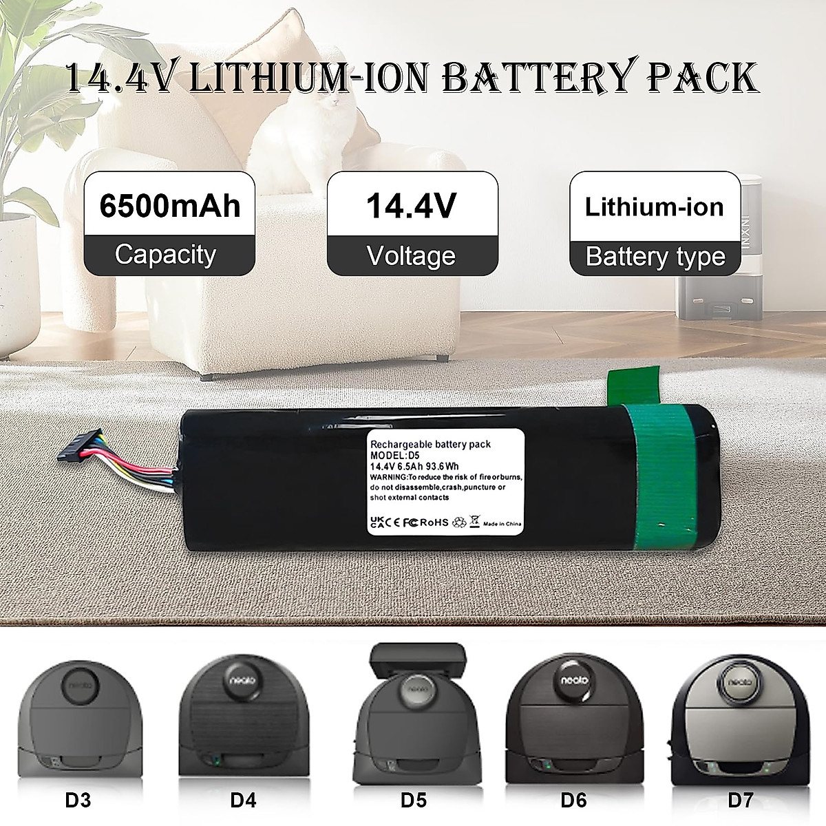 Moccdor 6.5Ah Replacement Li-Ion Battery for Neato Robotics,Compatible with D3 D4 D5 D6 D7 Robot Vacuum Cleaners,Black