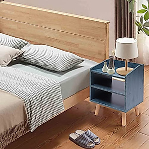 Small Bedroom Nightstand/Minimalist End Table/Side Table/Little Table - with 2 Open Storage Cabinets/Solid Wood Legs,Modern Bedside Night Stand for Bedroom, Living Room（Blue ）- Easy Assembly