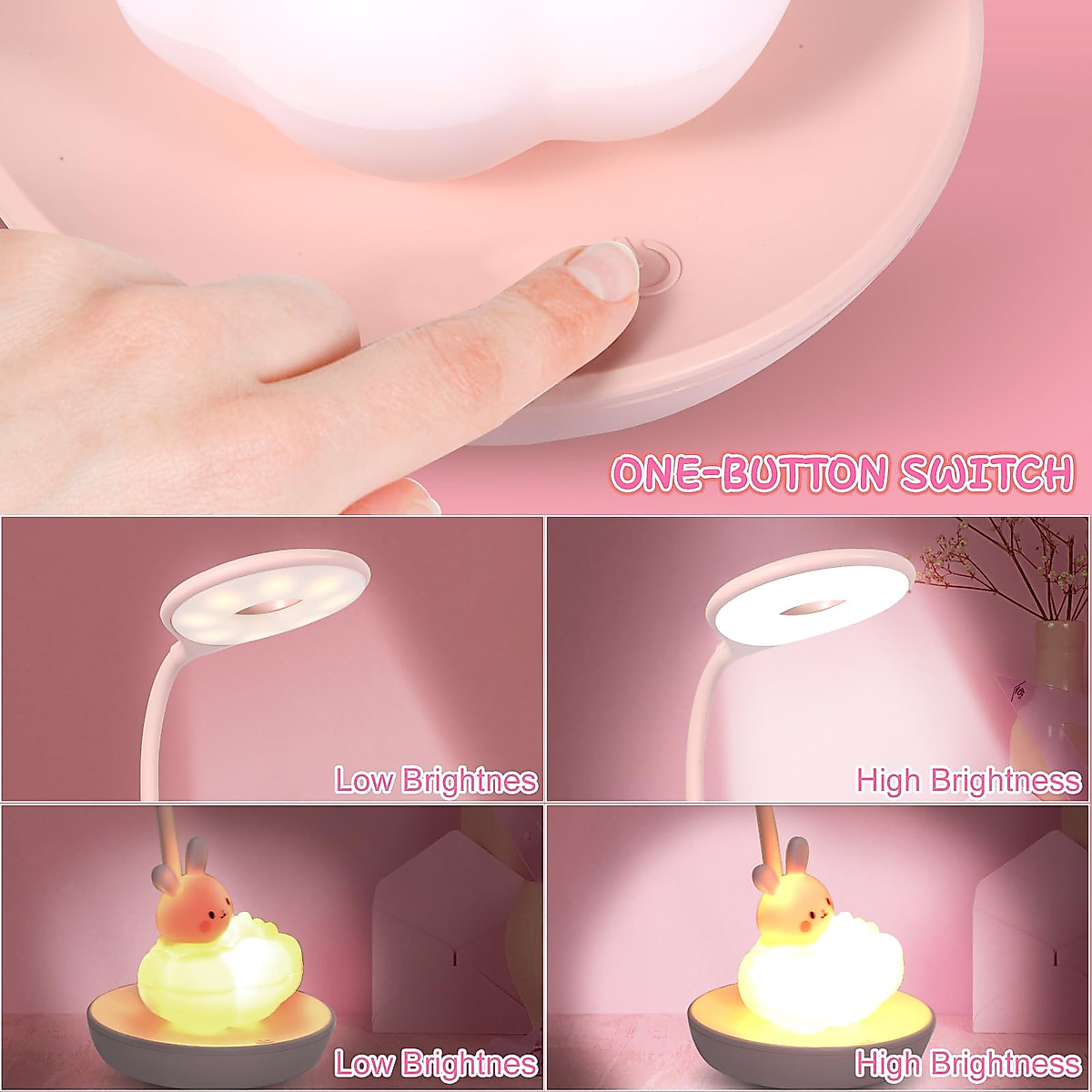 MARZIUS Cute Rabbit Design Dimmable Touch LED Reading Desk Lamp Night Light with 5 Levels Brightness for Boy,Girl Kid Teen (Pink Cloudy Bunny)