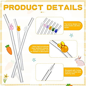 6 Pcs Reusable Glass Straws, Cute Bunny on Clear Straws with Design 7.9 in x 8 mm Colorful Shatter Resistant Bent Drinking Straws with 2 Cleaning Brushes for Beverages, Shakes, Juices, Cocktails