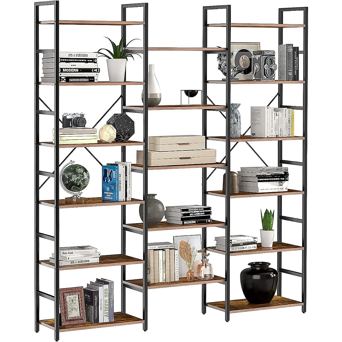 oneinmil Triple Wide 6-Tier Bookshelf, Industrial Display Bookshelf, Wood and Metal Etagere Bookcase for Bedroom,Living Room，Office, Brown