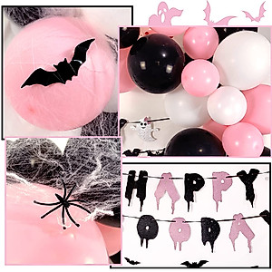 Pink Halloween Party Decorations with Happy Boo Day Banner, Spider Web, Bat Wall Decor, Pink and Black Balloons for Halloween Birthday Party Decorations, Halloween Baby Shower