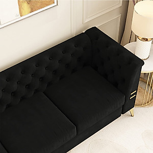 Tomkate Chesterfield Sofa, 82" Velvet Upholstered 3 Seater Couches with Flared Arms and Removable Cushions, Mid-Century Modern Sofa Couch with Solid Wood Frame and Gold Legs for Living Room (Black)