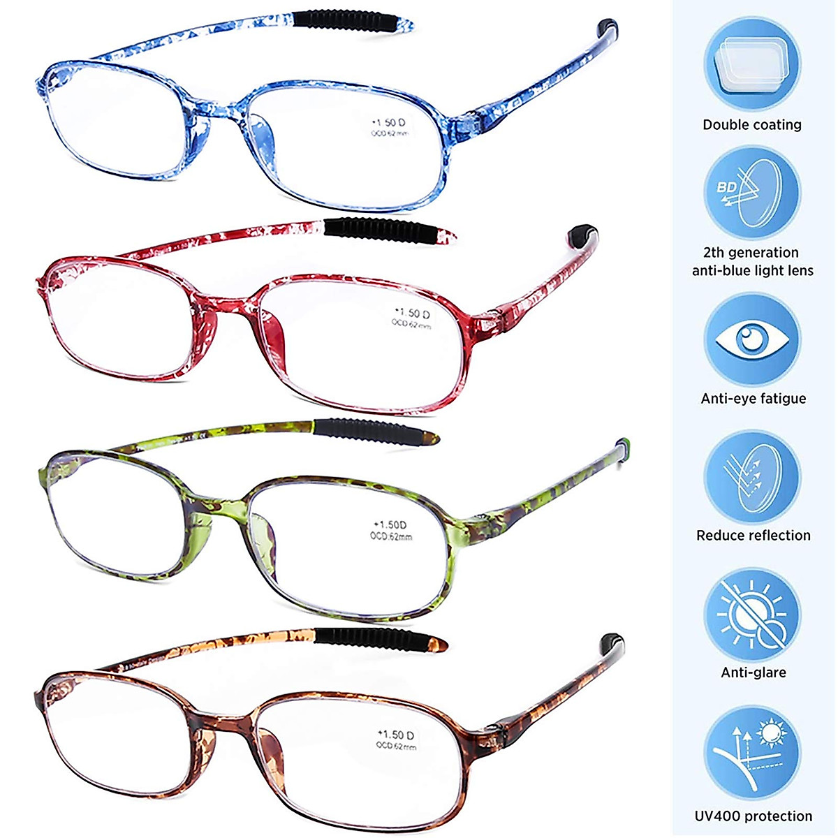 AQWANO 4 Pack Computer Reading Glasses Blue Light Blocking Lightweight TR90 Flexible Frame UV Protection Readers for Women Men +1.75