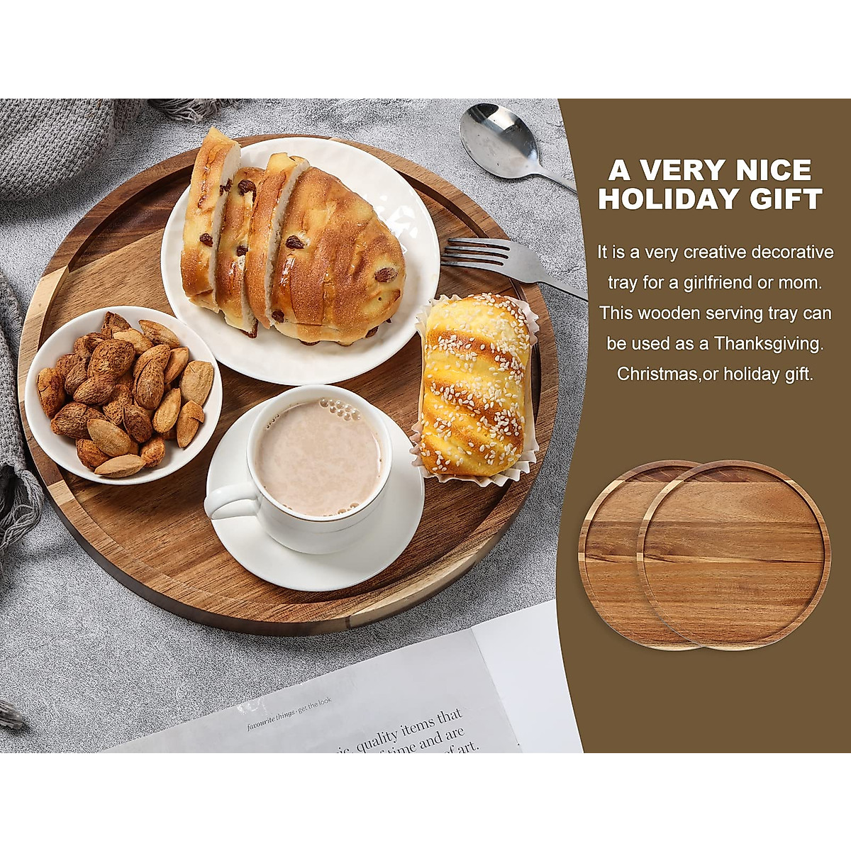 Acacia Round Wood Decorative Tray for Home Decor,Wooden Serving Tray,Candle Tray,Perfume Tray,Coffee Table Trays (11.5 inch, Natural)