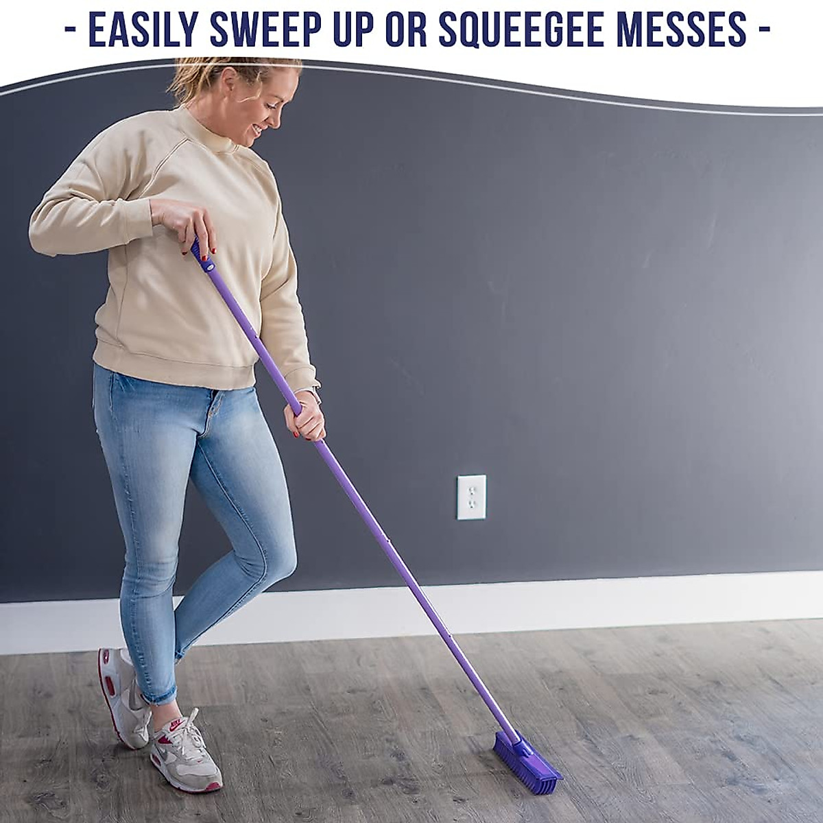 Don Aslett's Rubber Broom (12") and Hand Brush (10") Set | 59-inch Steel Pole | Multipurpose Synthetic Rubber Bristles Cleans Pet Cat or Dog Hair, Liquid Spills on Concrete & Hardwood Surface (Purple)