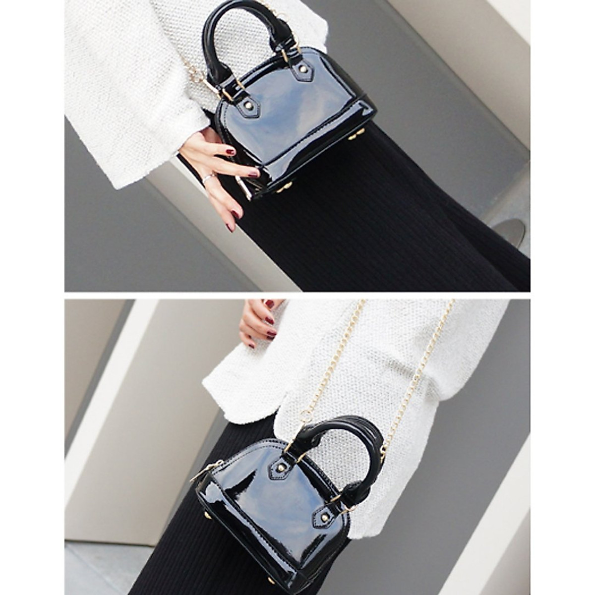 Zip Around Dome Patent Leather Satchel Mini Top Handle Tote Bag Shell Shape Purse Handbags