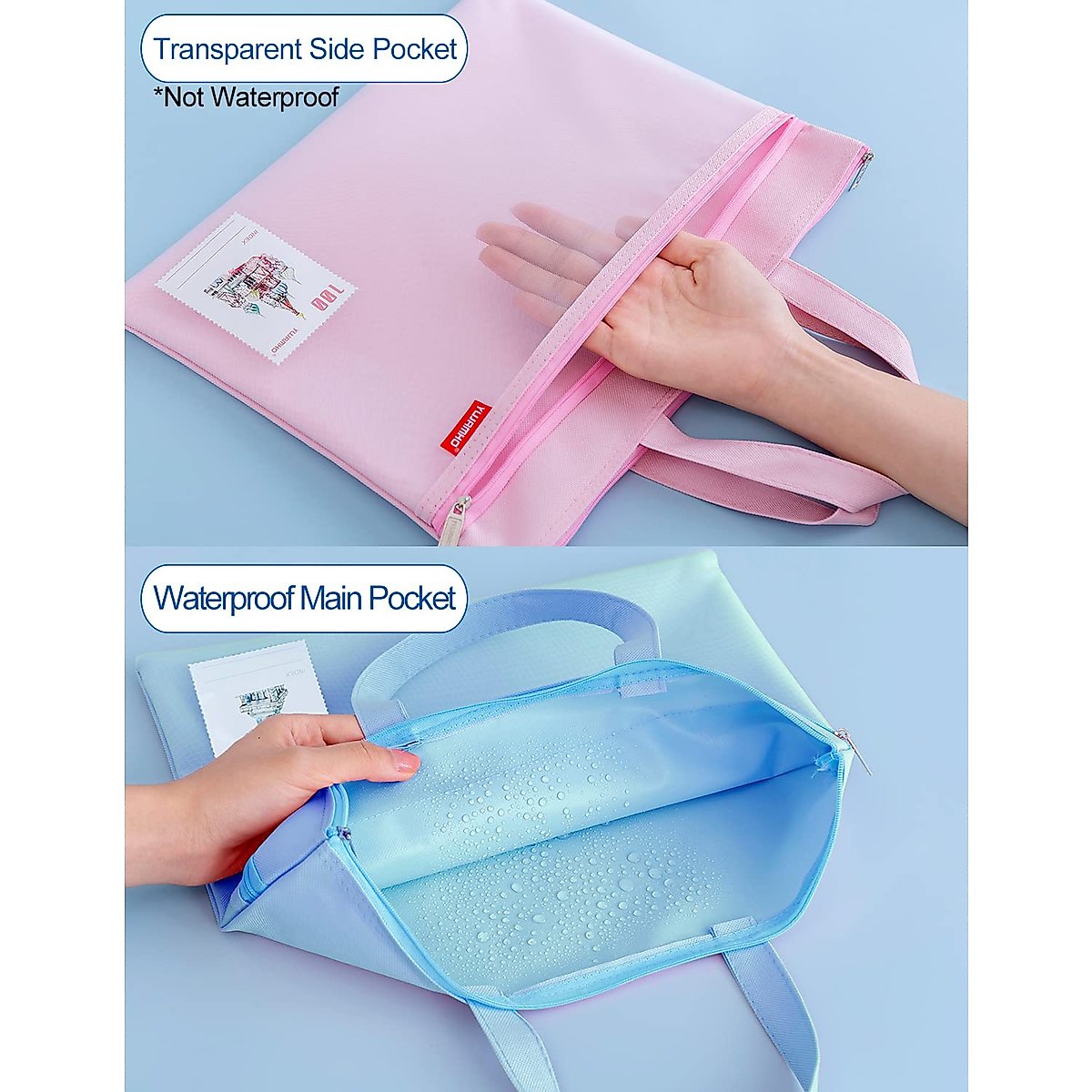 Pendancy Mesh Zipper Pouch 11x13.7 in, Large Double Pocket Waterproof File Bag with Handle, A4 Size Foldable Document Storage for Puzzle Project/Cross Stitch/Travel/Office（Blue）