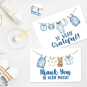 JarThenaAMCS 36 Pack Blue Clothesline Baby Shower Thank You Cards with Envelopes Stickers Onesie Boy Baby Cloth Blank Gratitude Note Cards Gift for Birthday Gender Reveal Party Supplies