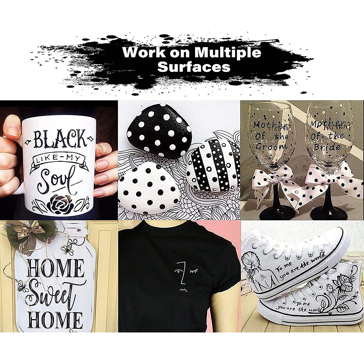 Black Paint Pens, 6 Pack 0.7mm Acrylic Black Permanent Marker ,White Paint Pens for Rock Painting, Stone,Wood, Plastic, Ceramic, Glass, Metal Canvas, Paper, Water-based Extra Fine Point