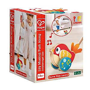 Hape Lilly Musical Push Along | Wooden Push Along Baby Walking Bird, Playful Kids Toy with Detachable Stick, Multicolor, 22.05 Inch (E0353)