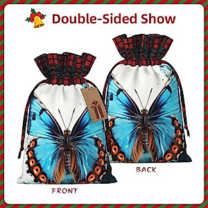 EVANEM Christmas Gift Bags with Drawstring Burlap Gift Bags Butterfly Christmas Linen Bags for Xmas Party Candy Bags with Cards Xmas Reusable Wrapping Bags Christmas Linen Treat Bags for Holiday