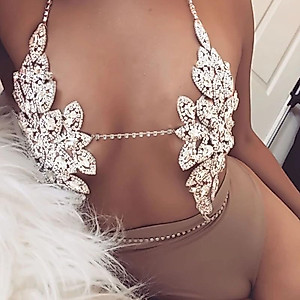 Graeen Crystal Bra Chains Rhinestone Bra Top Flower Chest Chain Silver Body Chain Nightclub Body Jewelry for Women (A)