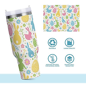 Emelivor Easter Rabbit Bunny 40 oz Tumbler with Lid and Straw Insulated Tumblers with Handle Thermal Stainless Travel Coffee Mug Cup Water Bottle for Women Men Sports Gym
