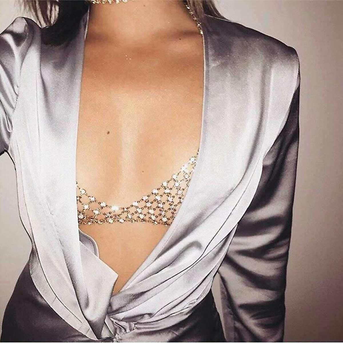 idealway Sexy Crystal Rhinestones Body Jewelry Fashion Bikini Chain Necklace Hollow Out Underwear Bra Design Summer Beach (Gold) (Silver)