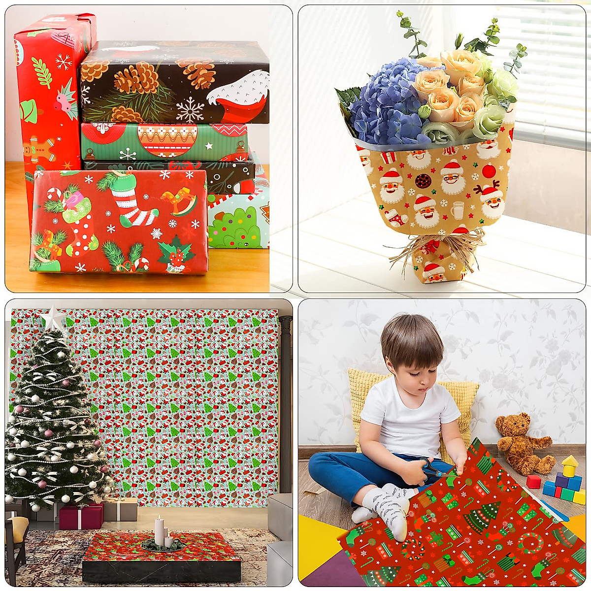 Konsait 12Pack Folded Large Sheets of Christmas Wrapping Paper Traditional Gift Wrap, Christmas Decoration,Xmas Festive Designs- Kids Snowman, Santa, Christmas Tree, Snowflake, Reindeer, 74 X 51cm