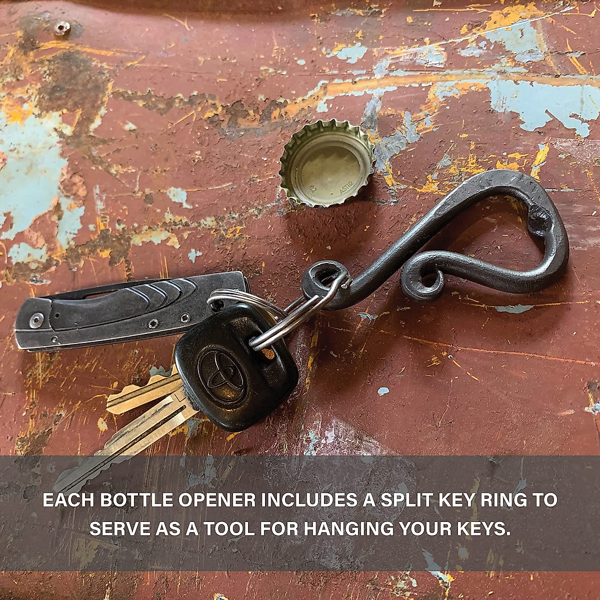 Steel Bottle Opener Keychain For Men & Women With Key Ring Loop | Rustic Cast Iron & Forged Metal Accessory For Everyday Carry | Made In USA | By WICKS FORGE