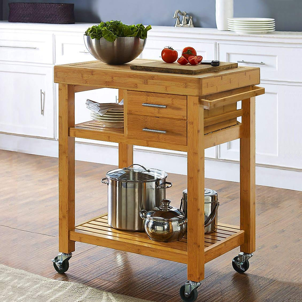 Home Aesthetics Rolling Kitchen Island Cart with Drawers Shelves, Towel Rack, Locking Casters, Butcher Block Food Prepping Cart Trolley on Wheels, Bamboo Wood