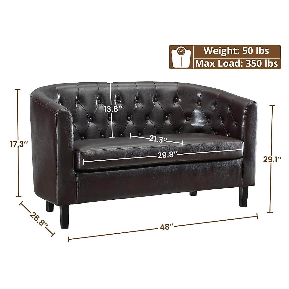 Naomi Home Barrel Love Seat, Button Tufted Faux Leather Loveseat Sofas, Faux Leather couches, Small Loveseats for Small Spaces, Bedrooms, Love Seat Couches for Living Room - Espresso