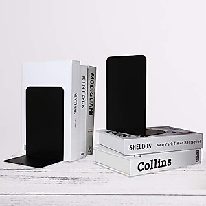 4Pcs Black Metal Bookends, Metal Book Ends to Hold Books, Heavy Duty Bookends for Shelves, 8.0” x 3.9”x 5.3” Bookshelf Holder, Antiskid Book Stoppers for Books, Notebooks Files, Office, Home, Movies