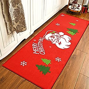 Andecor Merry Christmas Rug Red Runner Area Rugs for Hallway Anti-Slip Entryway Floor Doormat for Kitchen Fireplace Bedroom Dinning Room Party Home Decorations Carpet, 2 ft x 6 ft