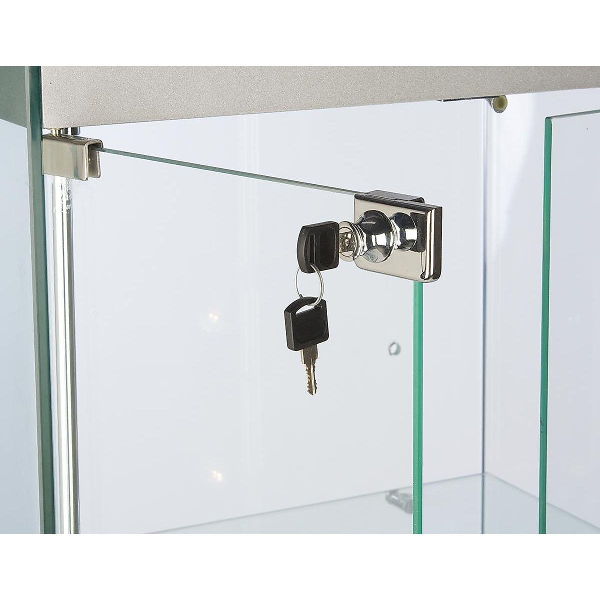 Displays2go Glass Display Case with LED Lighting, Locking Swing Open Door, Tempered Glass Shelves with MDF Top & Base – Clear & Silver (GTAP24LEDS)
