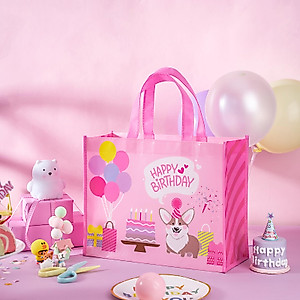 WRAPAHOLIC Large Reusable Birthday Gift Bag with Handles - 10 x 5 x 13 inch - Adorable Corgi Dog Happy Birthday