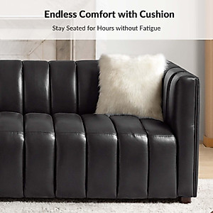 HULALA HOME 83" Genuine Leather Sofa, Sofa Leather for Living Room, 3 Seater Sofa Couch Top Layer Leather Large Sofa Furniture with Channel Tufted Seat Back & Square Arms (Camel)