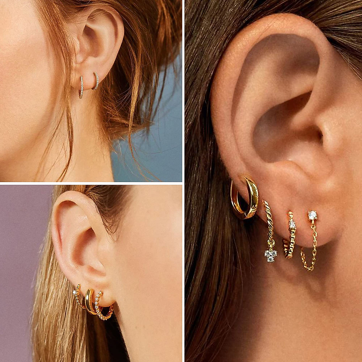 PLOMFOV 14K Gold Silver Hoop Studs Earrings Set for Women Dainty Dangle Hoop Gold Earrings Set for Multiple Piercing Gold Tone