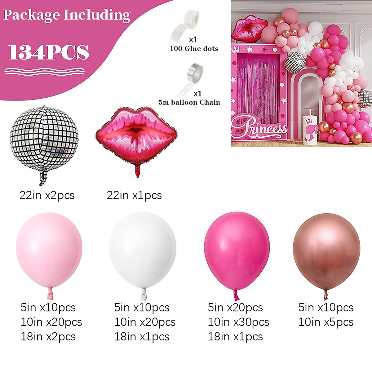 Dumilla Pink Balloon Garland Arch Kit, 134PCS Hot Pink Light Pink Rose Gold White Balloons with Silver Disco Ball Balloon for Girls Women Birthday Princess Theme Bridal Shower Baby Shower Decorations