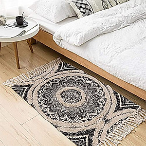 Seavish Tufted Cotton Rug, 2X3 Black Mandala Boho Rug, Hand Woven Bohemian Throw Rugs, Shag Accent Fringe Tassel Rug for Bedroom Bedside Kitchen, Laundry Room Rug