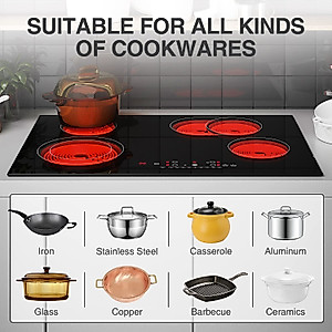 Electric Cooktop 30 Inch, 7200W Electric Stove Top with 4 Burners 220-240v, ANHANE Electric Ceramic Cooktop, 9 Heating Levels, Timer & Kid Safety Lock, Suitable for all Cookware, Without Plug