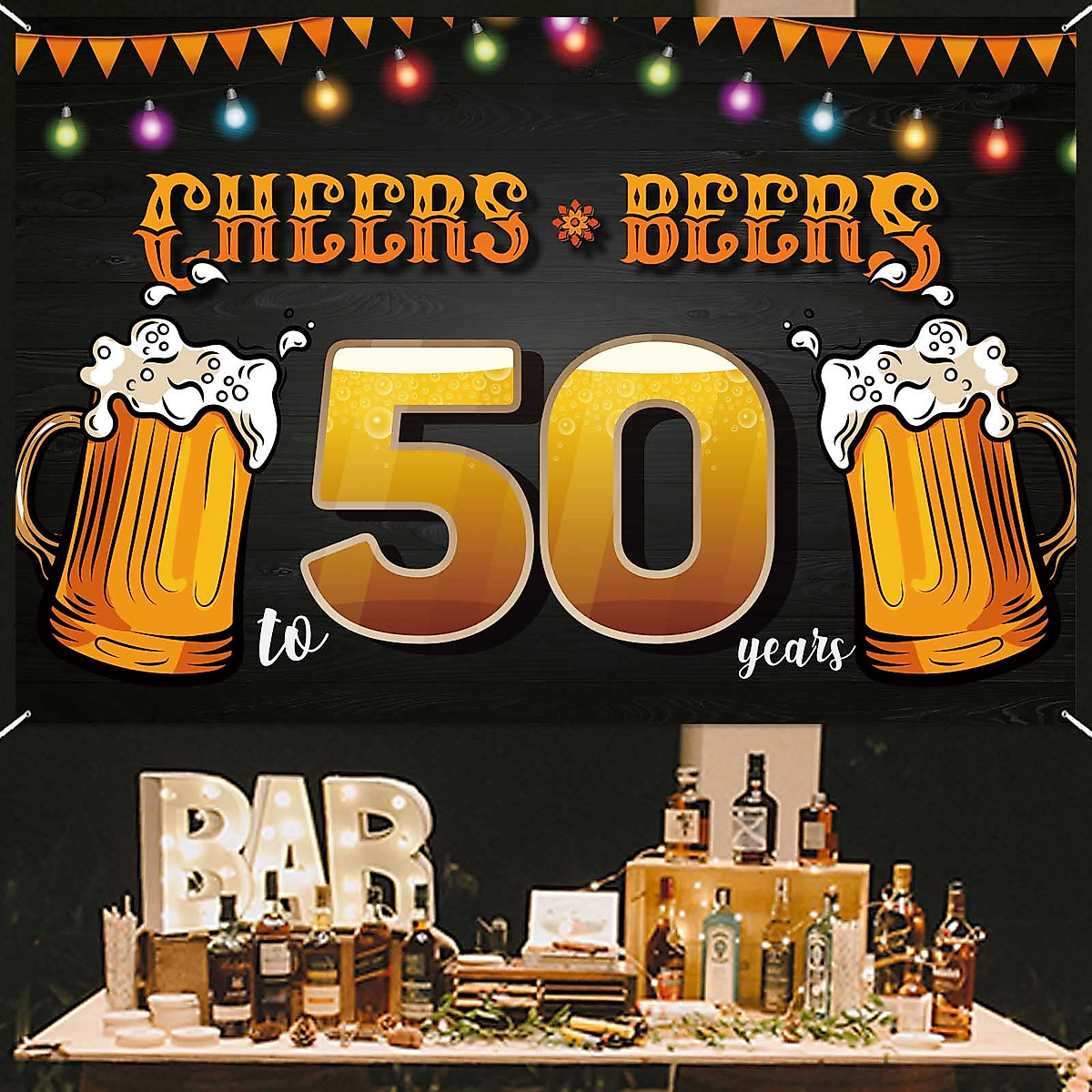 4 x 6ft Happy 50th Birthday Party Decorations Banner Black and Gold - Cheers and Beers to 50 Years Anniversary Photo Booth Backdrop party Supplies for Women and Men