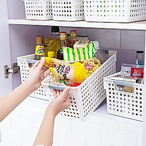 Whale Pocket 6 PCS Plastic Storage Basket, Slim White Organizer Tote Bin Shelf Baskets for Closet Organization, De-Clutter, Toys, Cleaning Products, Accessories 12.2x 8.6x 7in
