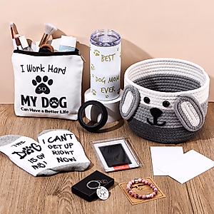 Zopeal 7 Pcs Dog Mom Dog Lover Gifts for Women Puppy Gift Basket with 16 oz 4 in 1 Tumbler Socks Makeup Bag Natural Stone Paw Bracelets Ink Pad Keychain for Mother's Day Birthday Party Gifts