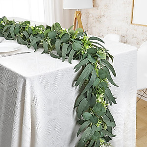 Dremisland Eucalyptus Garland with Long Willow Leaves 2 Packs 5.9Ft Silver Dollar Boston Fern Greenery Garland White Flowers Eucalyptus Vines for Wedding Party Mantle Table Runner Home Decor (4PCS)
