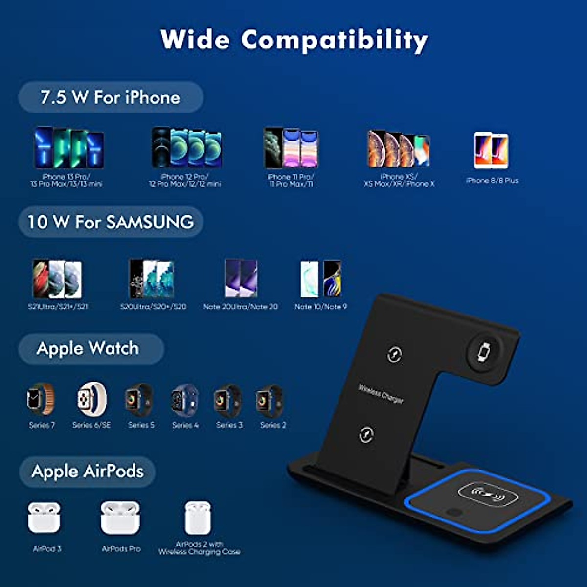 UUTO Wireless Charger, 3 in 1 Foldable Qi Wireless Charging Station for iPhone 14/13/13 Pro/13 Pro Max/Mini/12 11 Series/X/XS/XR/XS Max/8/8 Plus/SE 2, AirPods 3/2/Pro, iWatch Series 8/7/6/SE/5/4/3/2