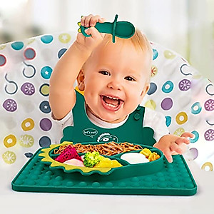 KIYTARBOO Baby Feeding Supplies for Kids and Toddlers - Baby Led Weaning Supplies Includes Plate, Baby Bib, Fork and Spoon Utensils Flatware Baby Eating Set - Durable, Dishwasher Safe -Dinosaur