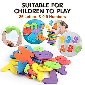 Bath Toy Sets, 36 Foam Bath Letters and Numbers, Floating Squirts Animal Toys Set with Fishing Net and Organizer Bag, Fish Catching Game for Babies Infants Toddlers Bathtub Time