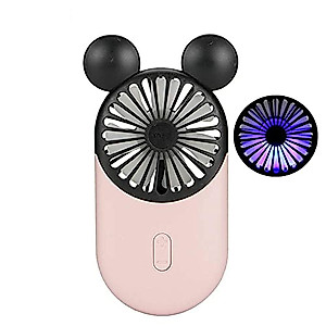 Kbinter Cute Personal Mini Fan, Handheld & Portable USB Rechargeable Fan with Beautiful LED Light, 3 Adjustable Speeds, Portable Holder, for Indoor Or Outdoor Activities, Cute Mouse (Pink)