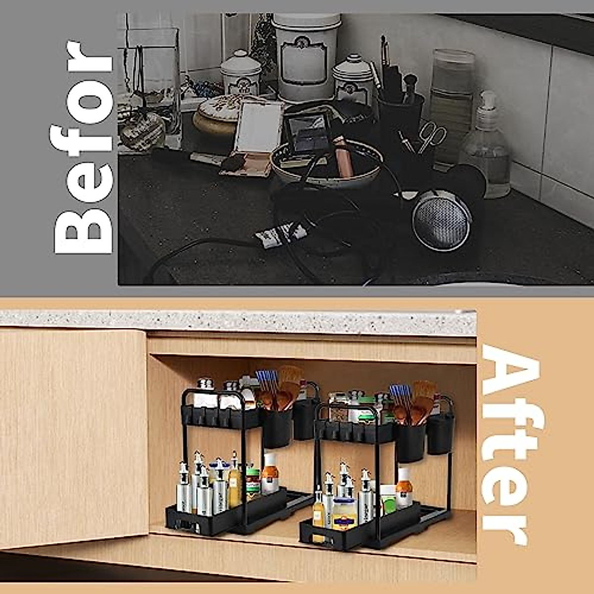 2 Pack Under Kitchen Sink Organizers Storage, 2-Tier Sliding Under Bathroom Cabinet Storage Drawer Organizer with Hooks, Hanging Cup, Handles, multi-purpose Under Sink Shelf Organizer, Black