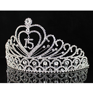Janefashions Quinceanera Sweet 15 Fifteen 15th Birthday Party coronas de quinceañeras Clear White Austrian Rhinestone Tiara Crown with Hair Combs Princess Gold Silver T1756 (Silver With Combs)