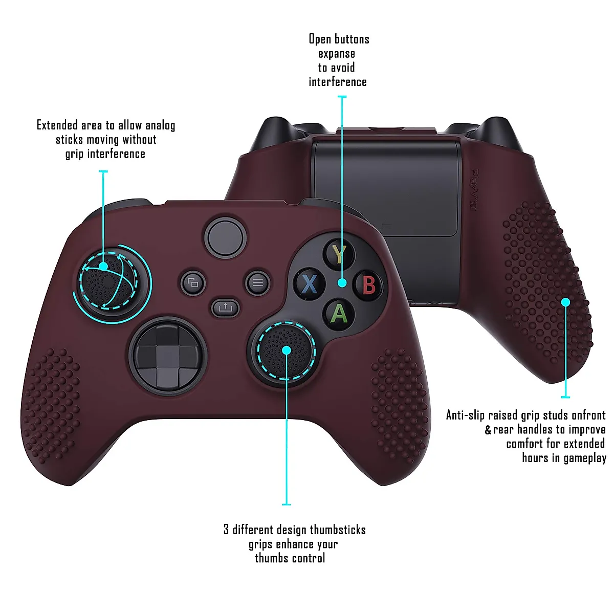 eXtremeRate PlayVital Wine Red 3D Studded Edition Anti-Slip Silicone Cover Skin for Xbox Series X/S Controller, Soft Rubber Case Protector for Xbox Core Wireless Controller with Thumb Grip Caps
