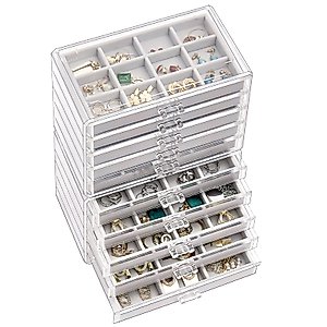 ProCase Earring Holder Organizer Jewelry Box with 10 Drawers, Acrylic Clear Earring Case with Adjustable Velvet Trays for Women - Grey, 10 Layers