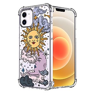 HEYORUN Sun Moon Design Clear Case Compatible for iPhone 12 Pro and iPhone 12, Star Cloud Girls and Women Back Case Cover, Cute Cartoons Transparent Soft TPU Bumper Shockproof Protective Phone Case