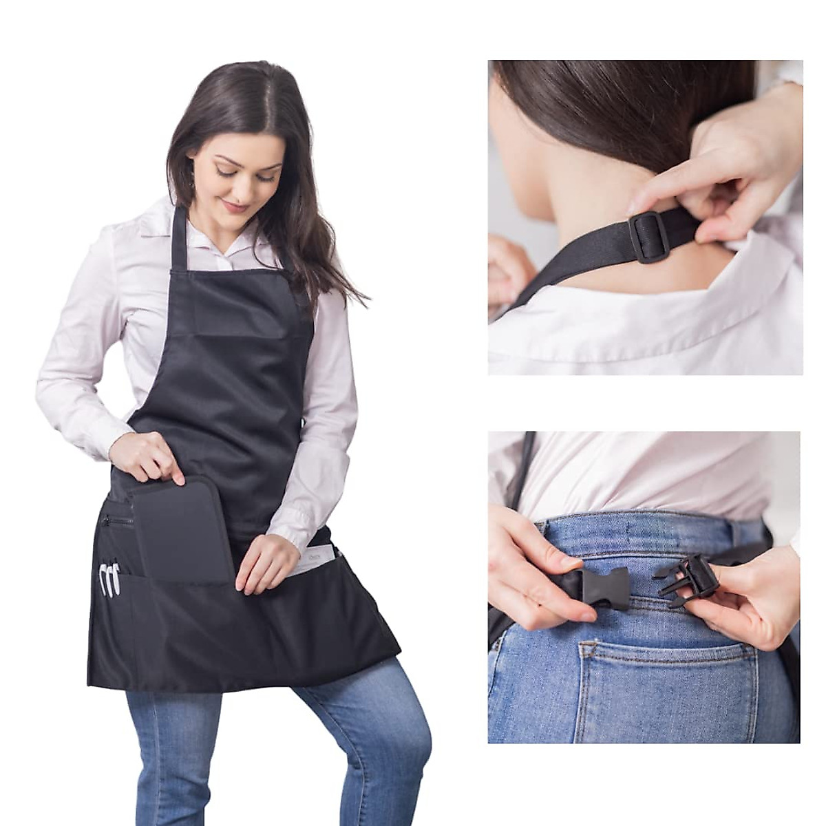 Black Full Length Clip-on Bib Apron with 5 Pockets and Zipper Pouch - Easy to Clean - Great for Servers, Cooking, Kitchen, Cleaning, Teacher, Arts & Crafts, Home. Adjustable 25"-48" waist size.