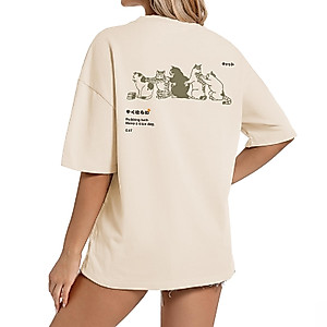 Cayxatiu Cute Cat Graphic Tees for Women Harajuku Shirt Letter Printed Oversized T Shirts Aesthetic Casual Baggy Tshirts (Apricot,L,Large)
