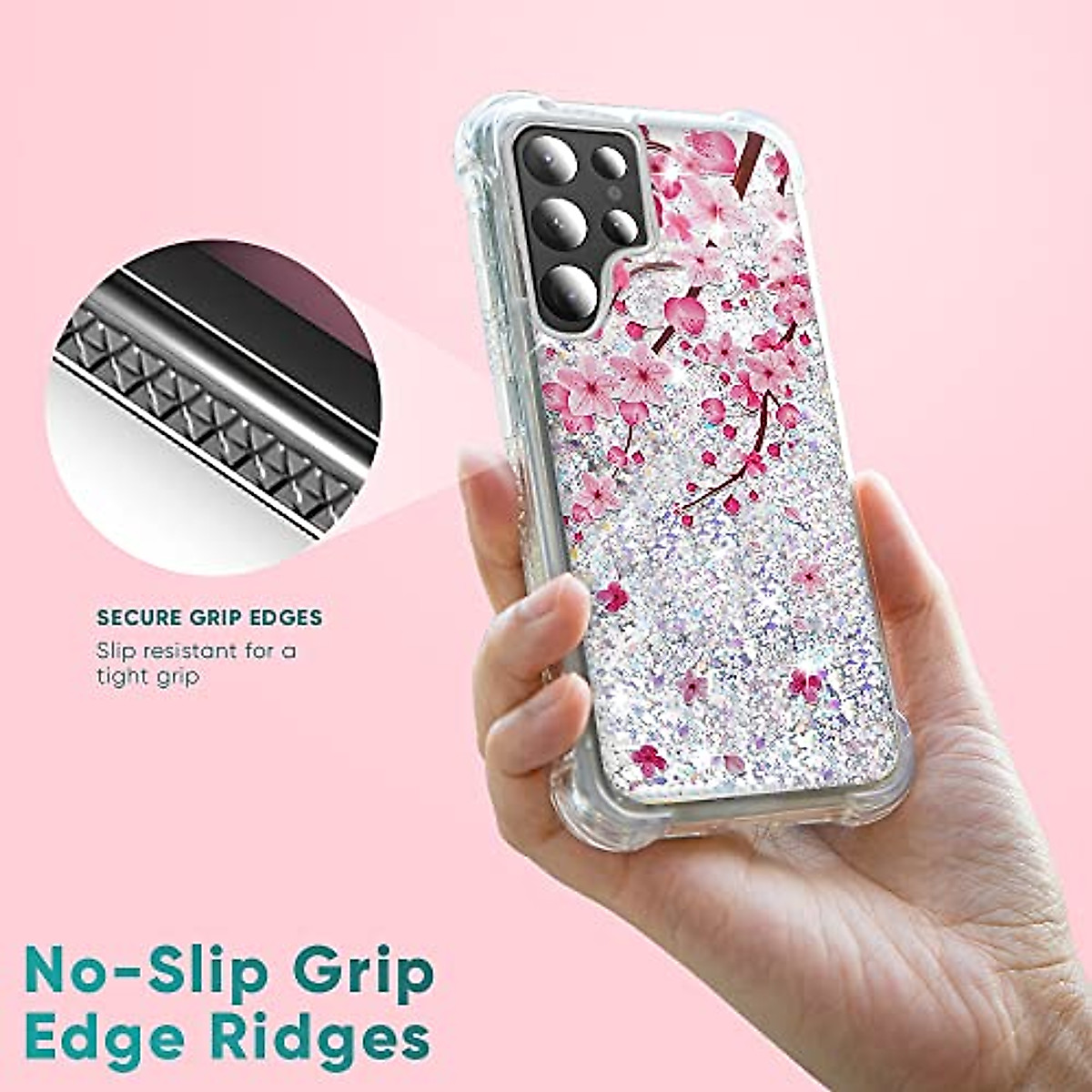 Miss Arts for Samsung Galaxy S23 Ultra Case, Girls Women Flowing Liquid Holographic Holo Glitter Shock Proof Case with Floral Design Bling Bumper for Samsung Galaxy S23 Ultra 5G- Cherry Blossom
