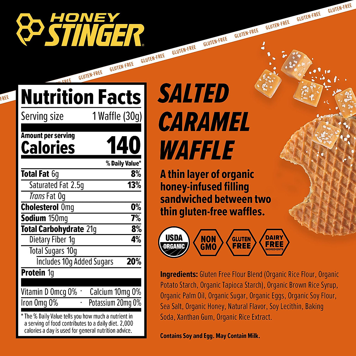 Honey Stinger Organic Gluten Free Salted Caramel Waffle | Energy Stroopwafel for Exercise, Endurance and Performance | Sports Nutrition for Home & Gym, Pre & During Workout | 16 Count
